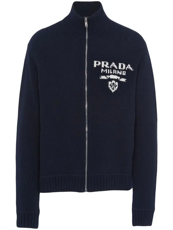 Prada Intarsia-Knit Logo Zip-Up Cardigan - F0008 Navy | Editorialist